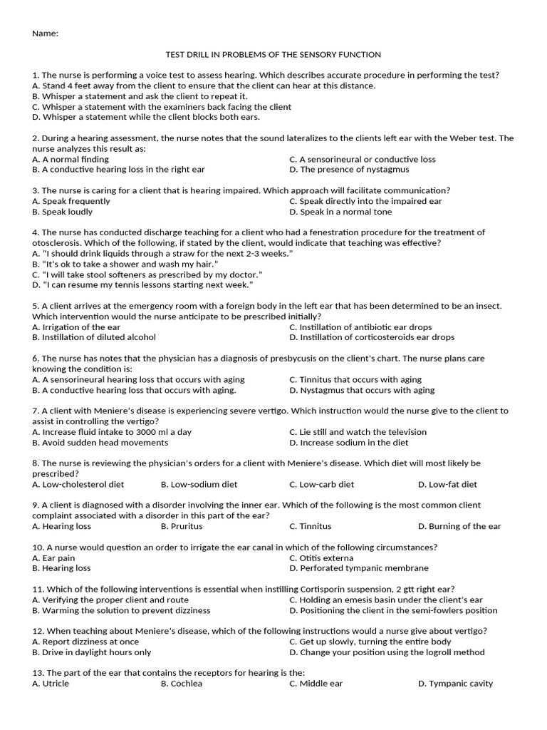 To Send Sensory-Questions | PDF | Hearing Loss | Ear