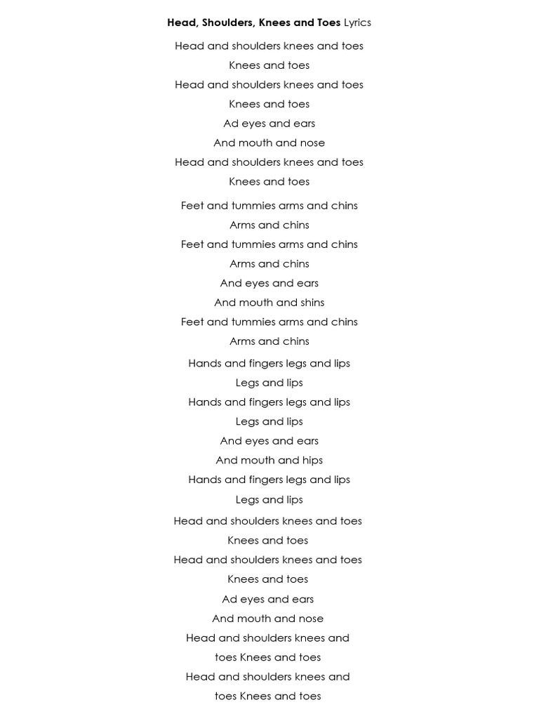 Head, Shoulders, Knees and Toes Lyrics 2 | PDF