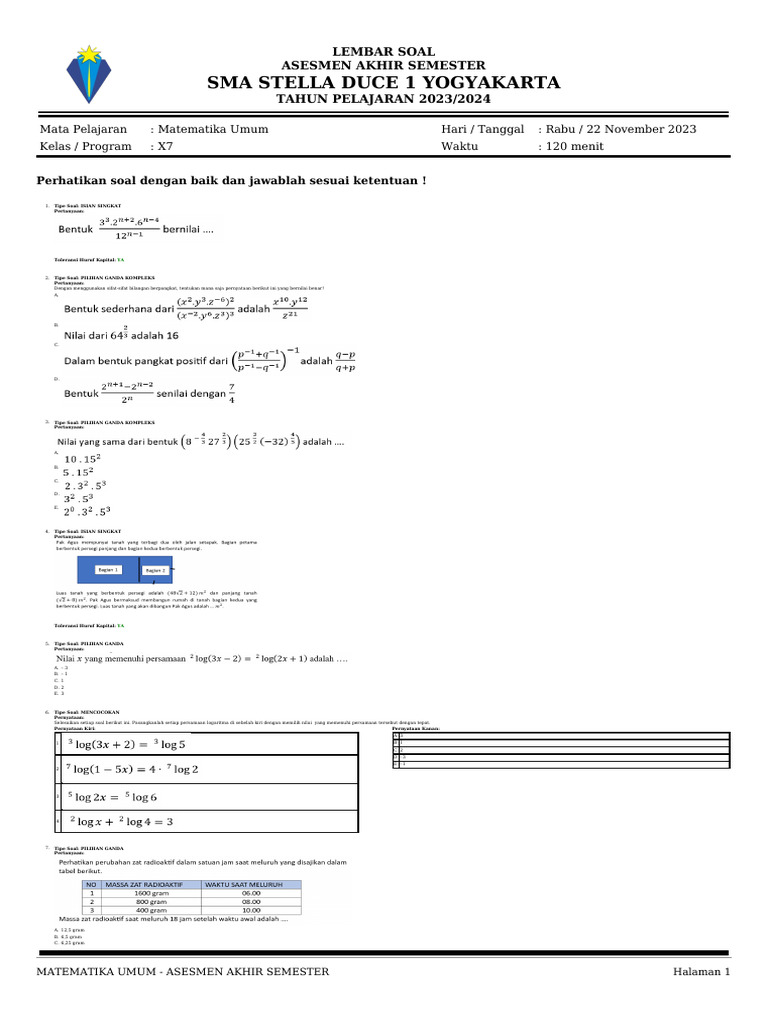 SOAL_AAS GASAL MATEMATIKA X_ TIM MATEMATIKA | PDF