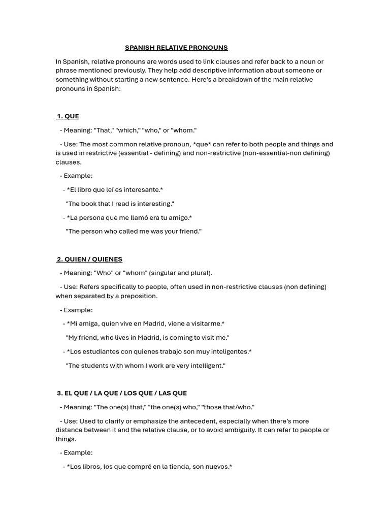 Spanish Relative Pronouns | PDF | Semantics | Linguistic Typology
