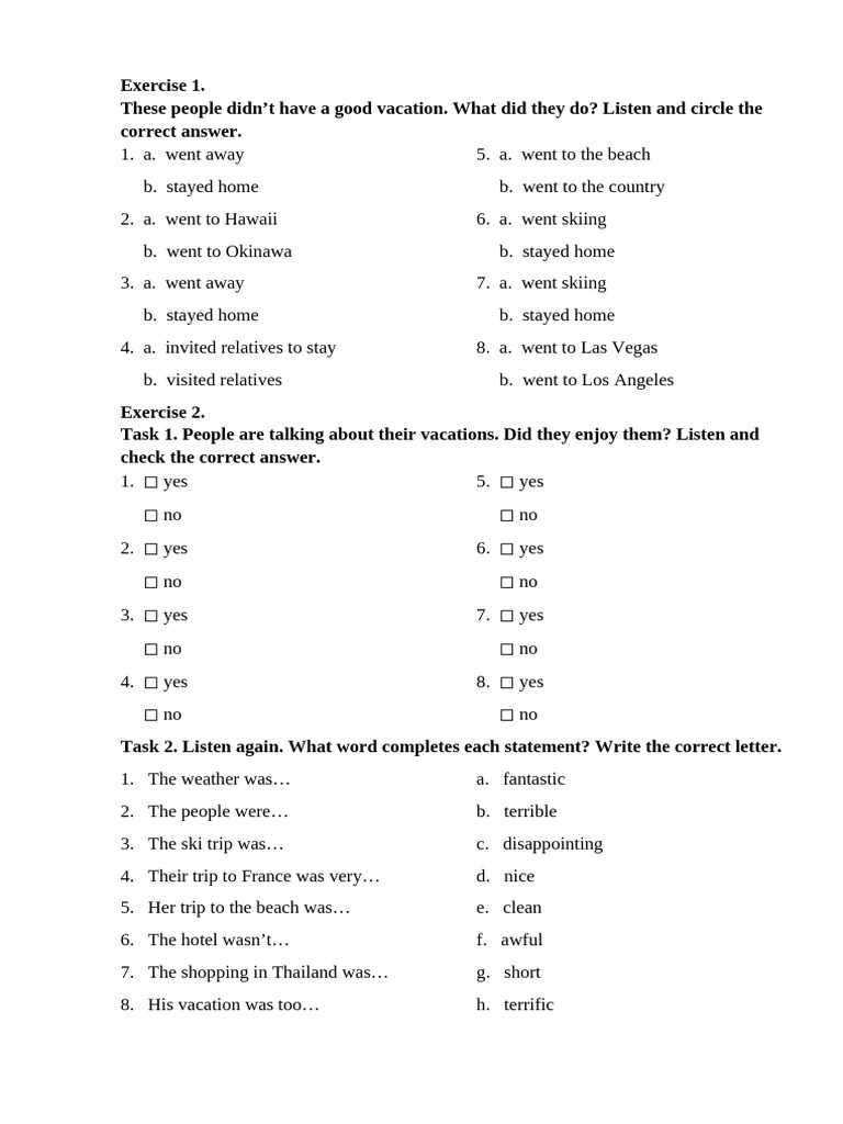 Vacation Listening Exercises | PDF
