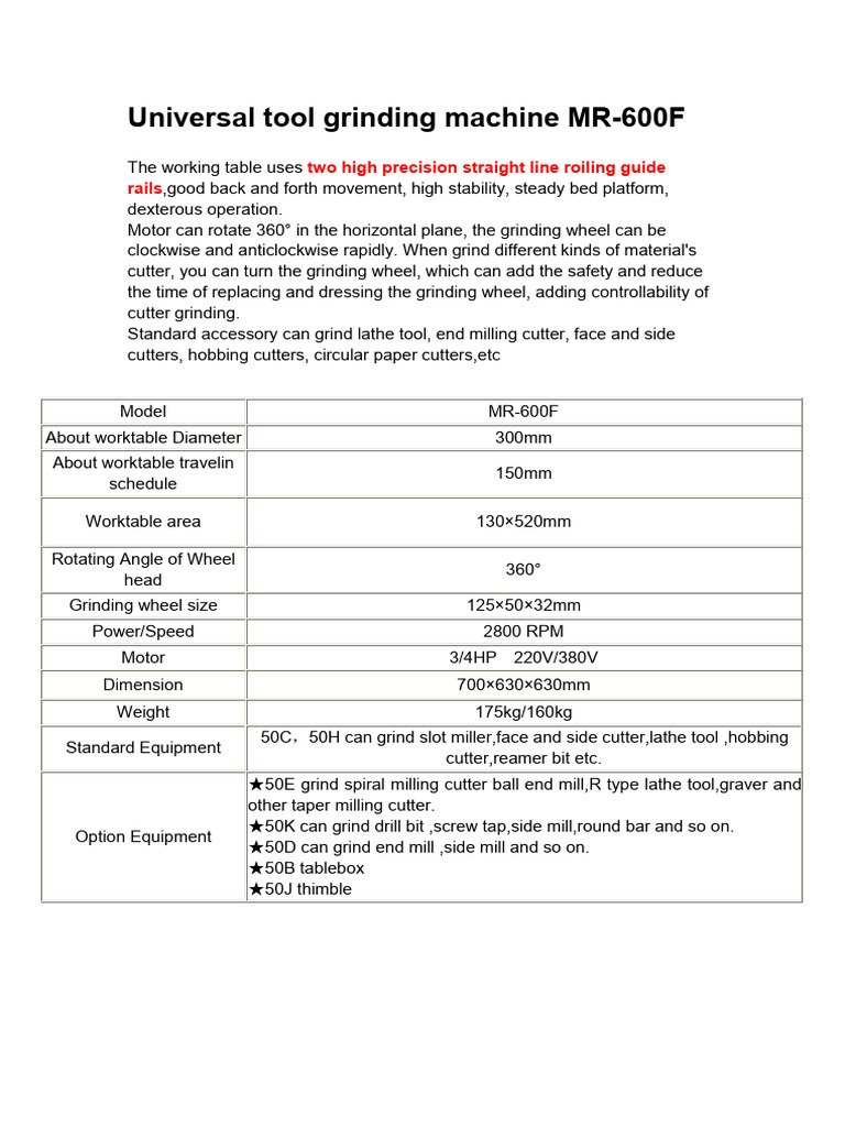 BROSUR UNIVERSAL TOOL GRINDING MACHINE MR-600F | PDF