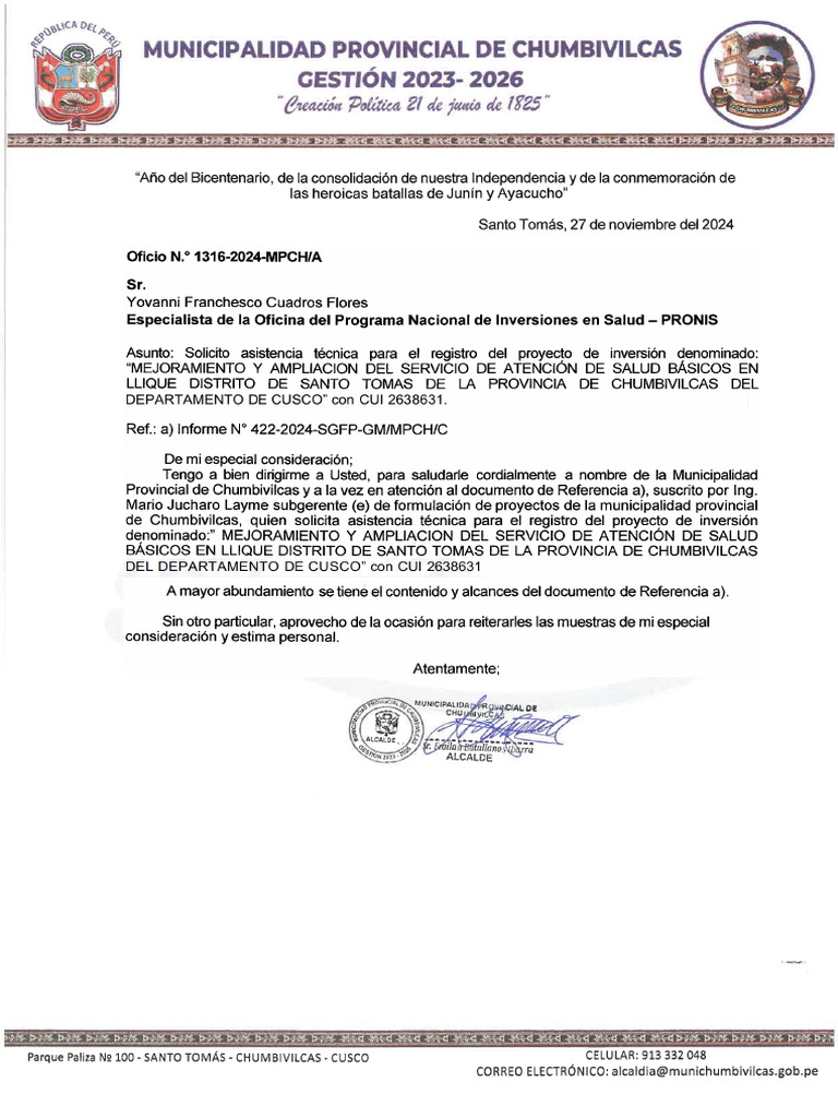 OFICIO N° 1316-2024-MPCH-A (2) | PDF OFICIO N° 1316-2024-MPCH-A (2) | PDF