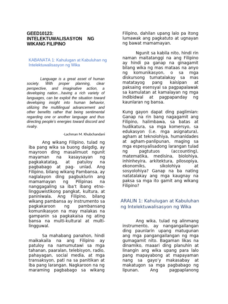 Intelektwalisasyon NG Wikang Filipino | PDF
