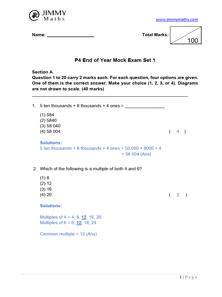 P4 SA2 Mock Exam - Set 1 Solutions | PDF | Area | Geometry