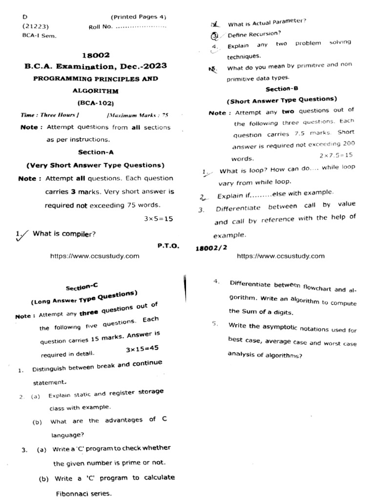 Bca 1 Sem Programming Principles and Algorithm 18002 Dec 2023 | PDF