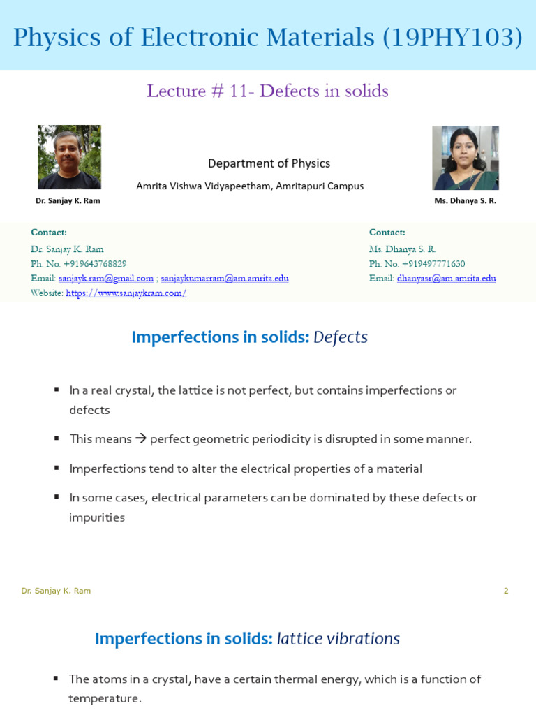 Lecture 9- Defects (Part-I) 19PHY103 Physics of electronic materials ...