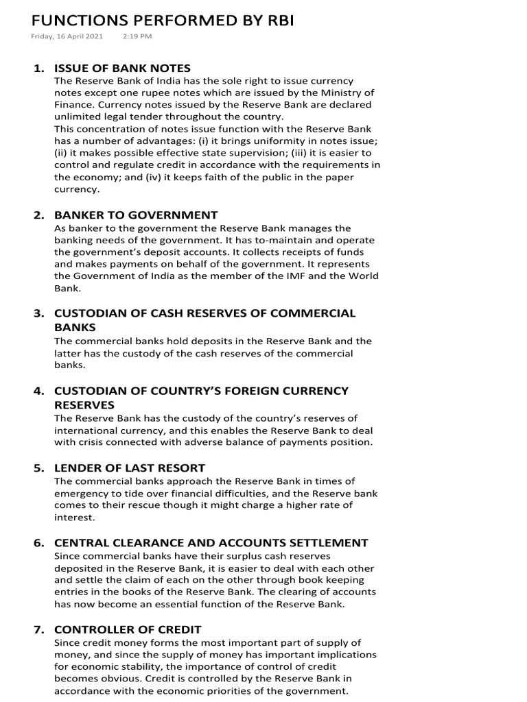 FUNCTIONS PERFORMED BY RBI I | PDF | Reserve Bank Of India | Banks