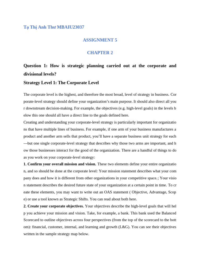 Thu Ta - Assignment Chapter 2 | PDF | Strategic Planning | Strategic Management