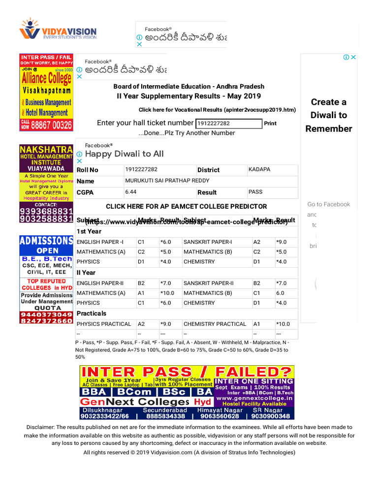 Andhra Pradesh Intermediate Second Year Supplementary Results 2019 - AP ...