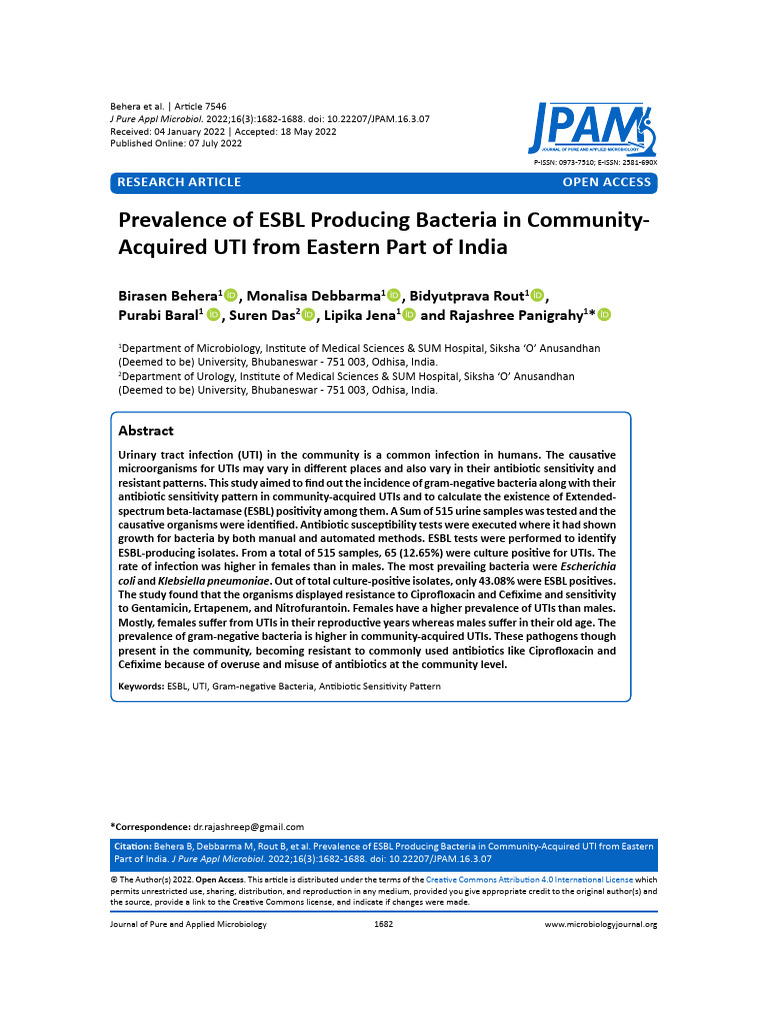 Prevalence of ESBL Producing Bacteria in | PDF | Urinary Tract ...