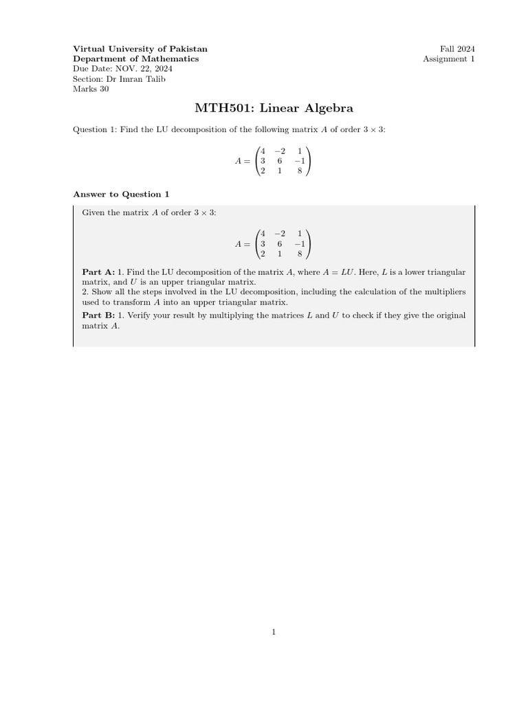 Assignment 1 MTH501 Linear Algebra | PDF | Matrix (Mathematics) | Operator Theory