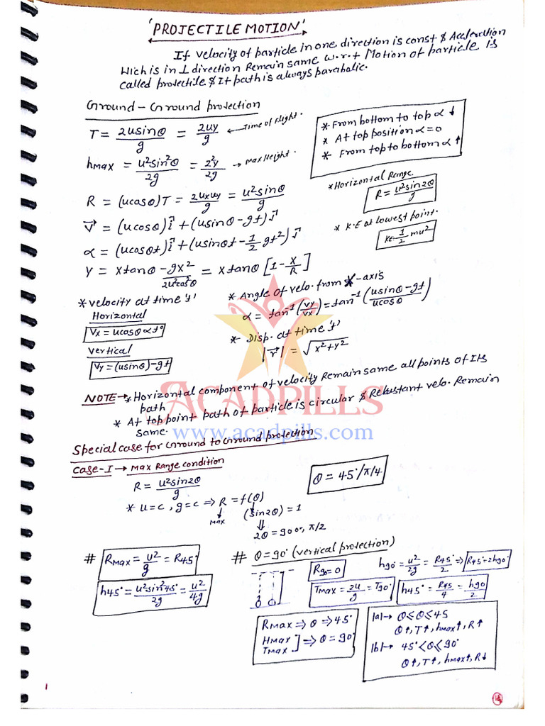 Class 11 Handwritten Notes on Projectile Motion | PDF