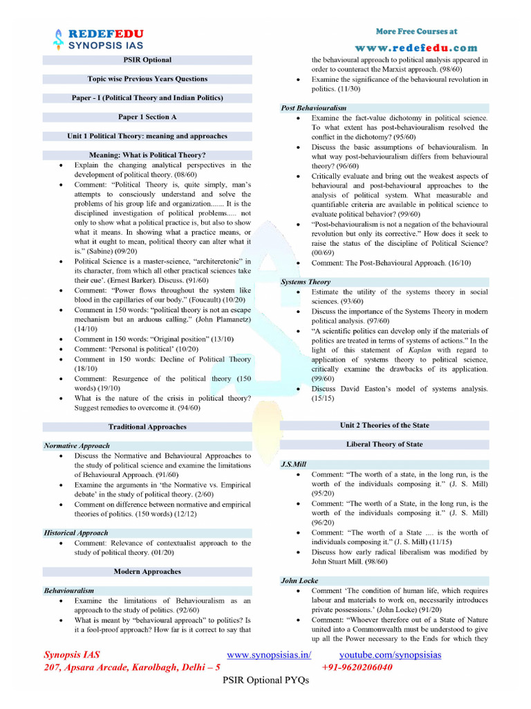 PSIR-PYQs 10 to 20 years pyq | PDF