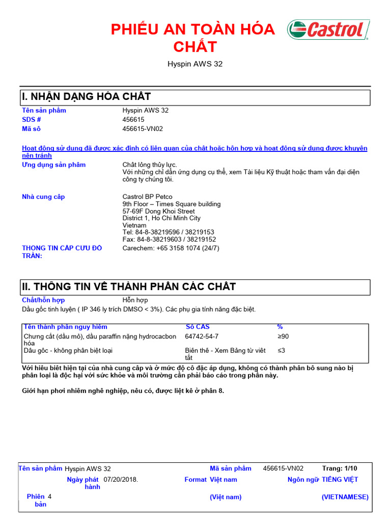 MSDS-Dau-thuy-luc-Castrol-Hyspin-AWS-32 | PDF