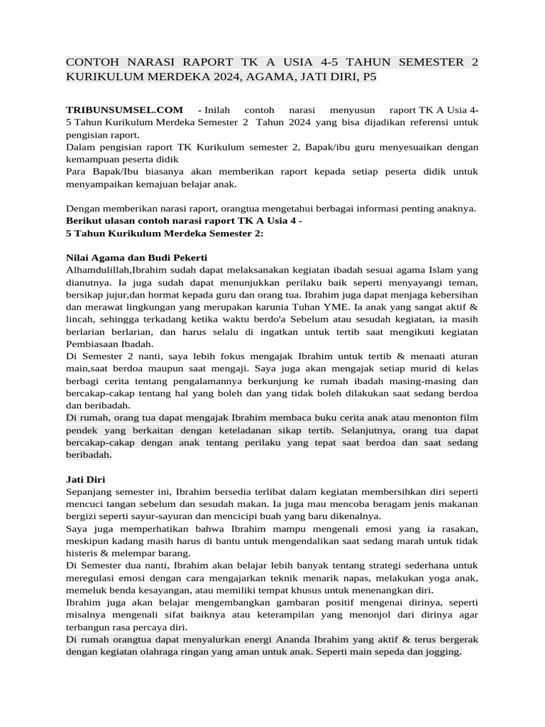 CONTOH NARASI RAPORT TK A USIA 4 bu sonya | PDF