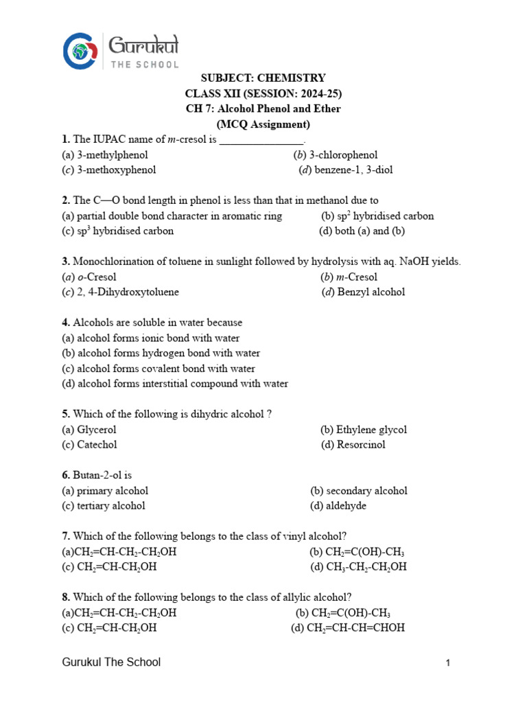 Alcohol, Phenol and Ether MCQ Assignment | PDF | Ether | Organic Chemistry