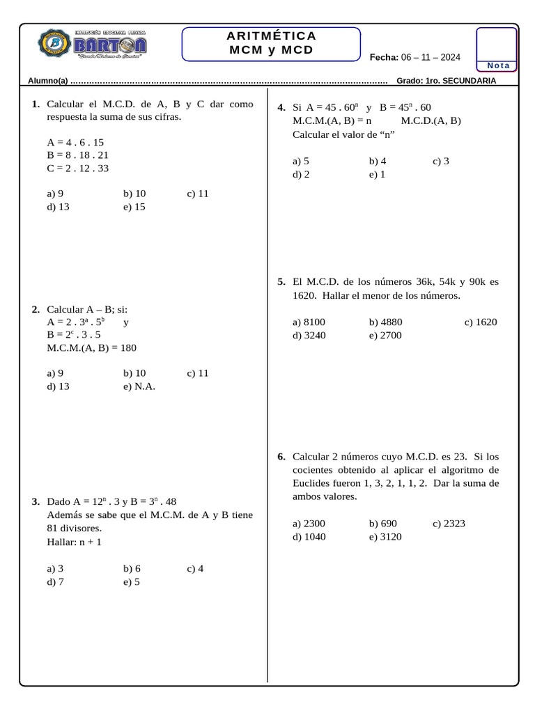 MCM y MCD | PDF | Matemáticas | Matemática Elemental
