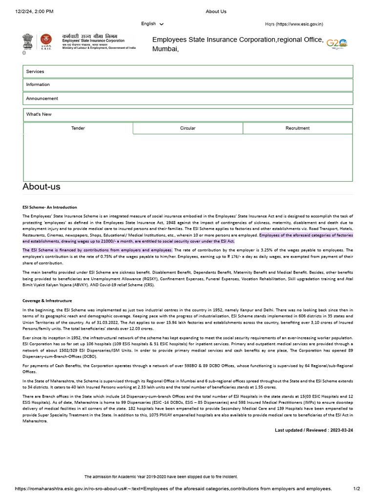 ESIC - Mumbai - Limit On Wage | PDF | Social Programs | Economies