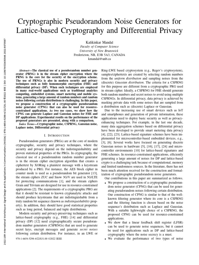 Cryptographic Pseudorandom Noise Generators For Lattice Based Cryptography And Differential