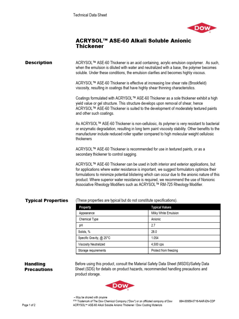 acrysol ase 60 tds | PDF | Rheology | Materials