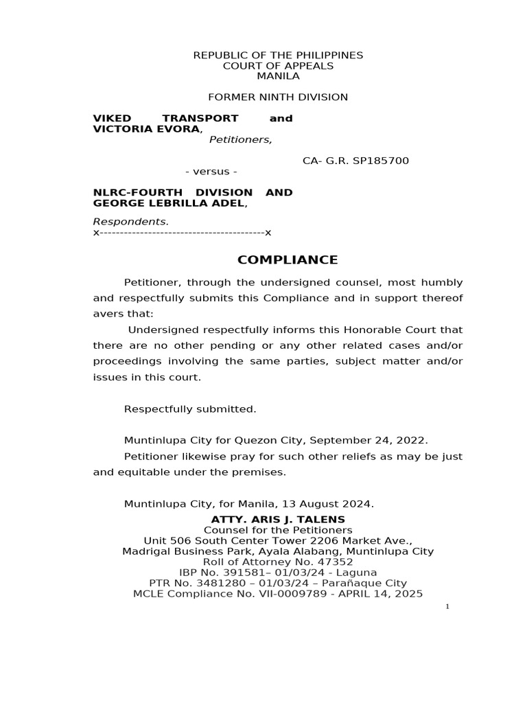 Compliance - CA - George Adel V VIKED Transport | PDF | Courts ...