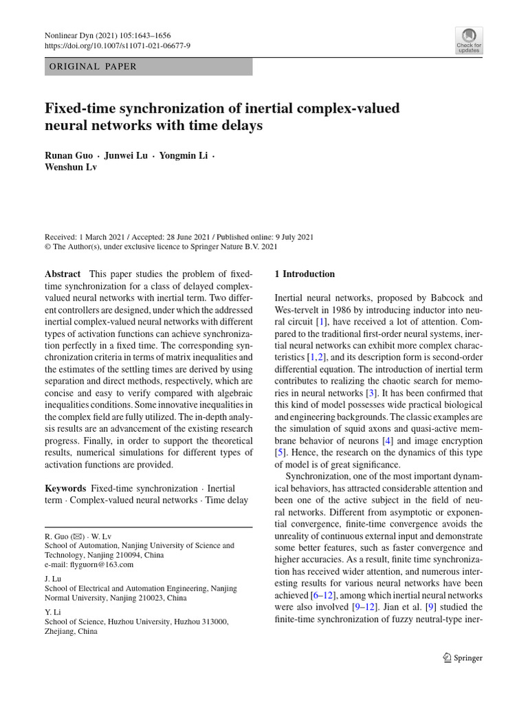 Fixed-Time Synchronization of Inertial Complex-Valued With Time Delays | PDF | Complex Number ...