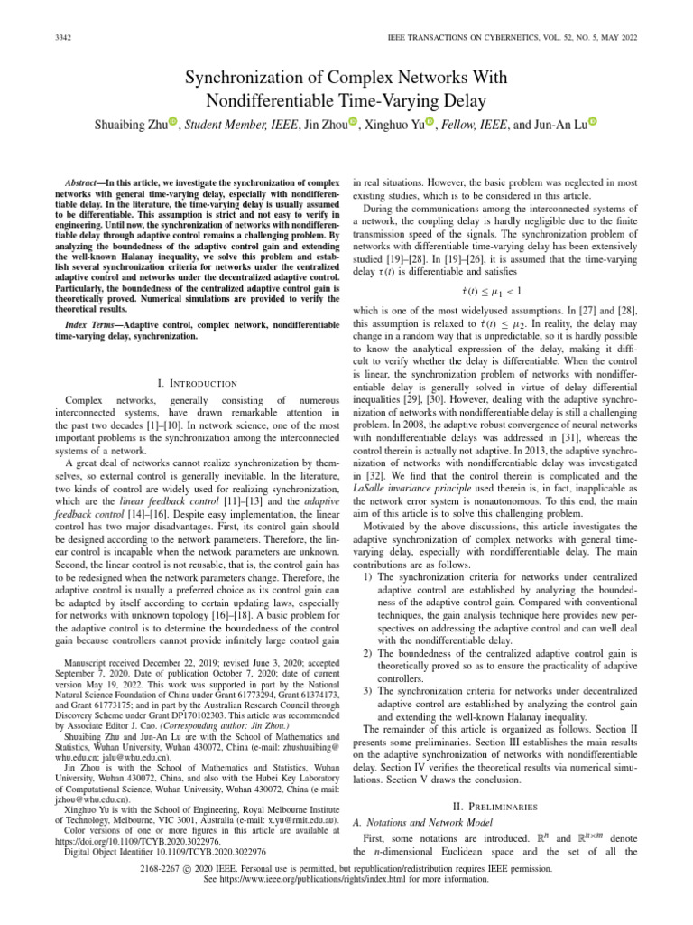 Synchronization of Complex Networks With Nondifferentiable Time-Varying Delay | PDF | Functions ...