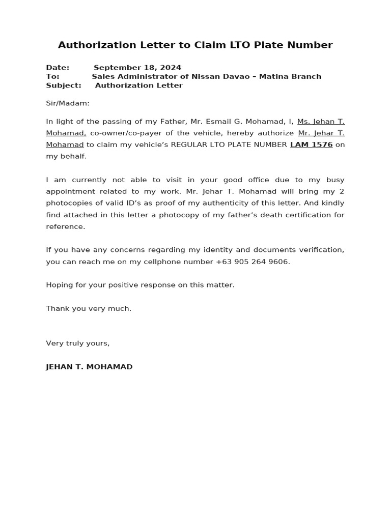 Authorization Letter For Plate Number | PDF