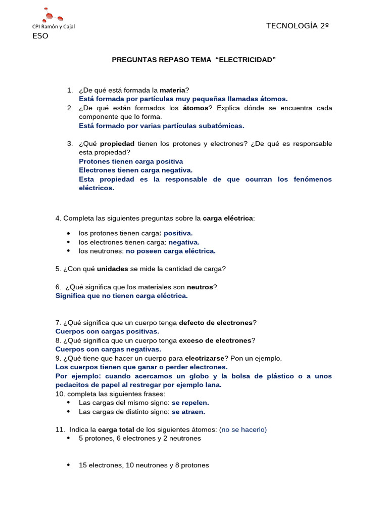 Preguntas sobre Electricidad para 2º ESO | PDF | Corriente eléctrica ...