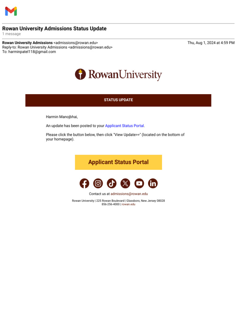 Gmail - Rowan University Admissions Status Update | PDF