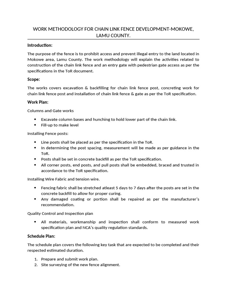 Work Methodology For Chain Link Fence Development | PDF