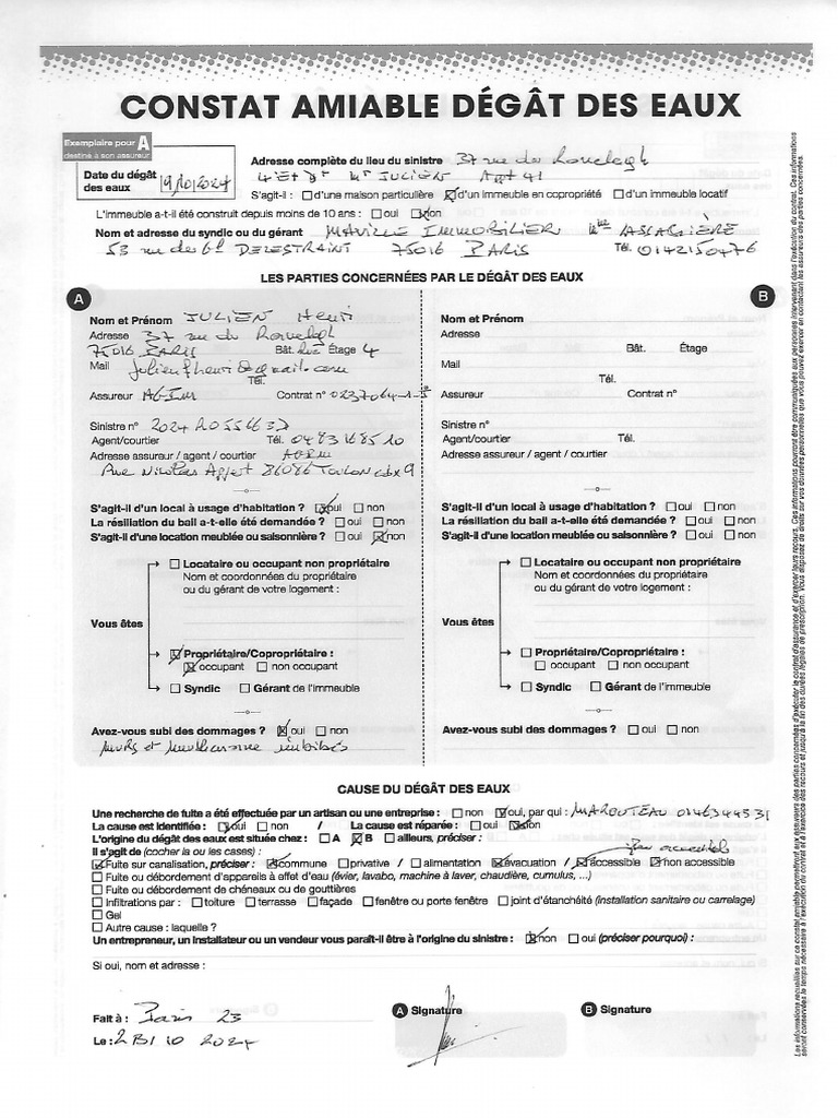 Constat Amiable Dégat Des Eaux 9 10 2024 | PDF