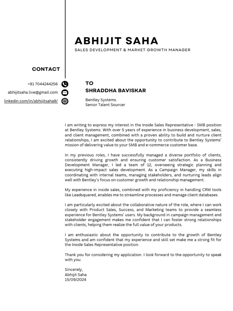 Cover Letter - Abhijit Saha | PDF | Sales | Customer Relationship ...