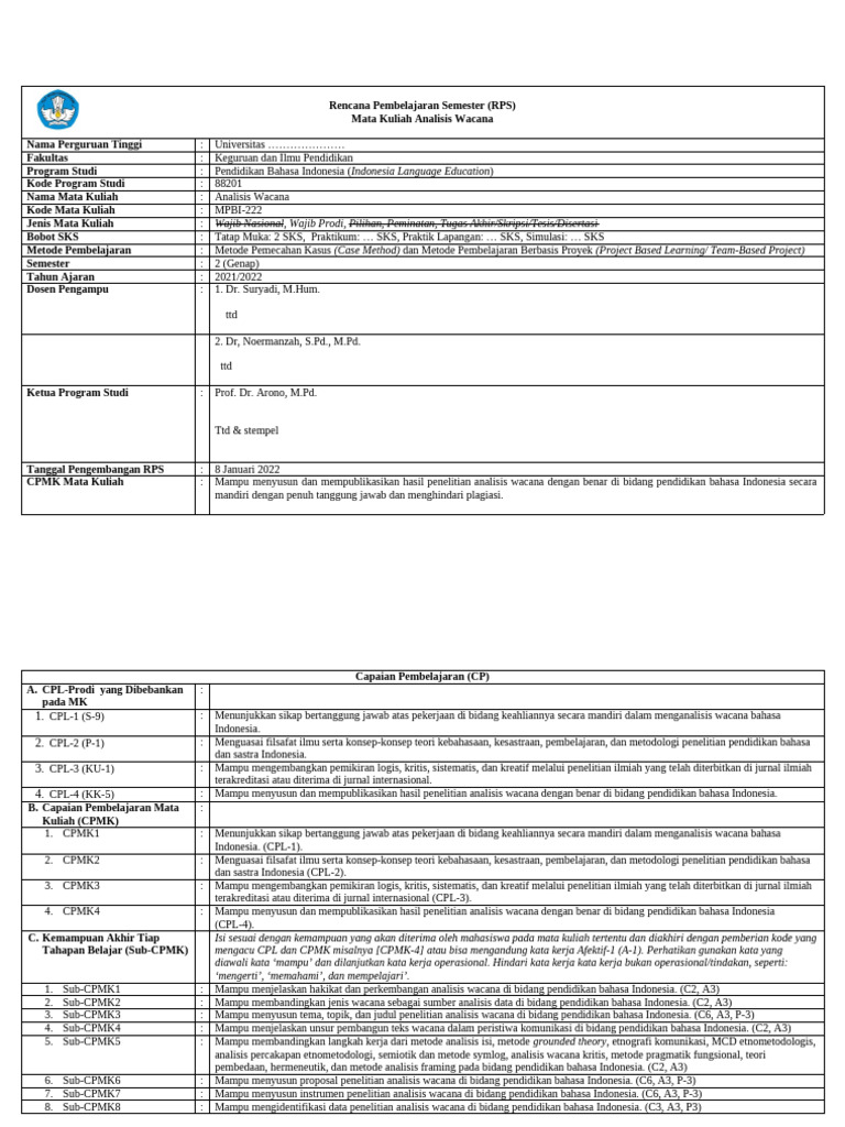 Contoh RPS MK Analisis Wacana (Genap 2021-2022) | PDF