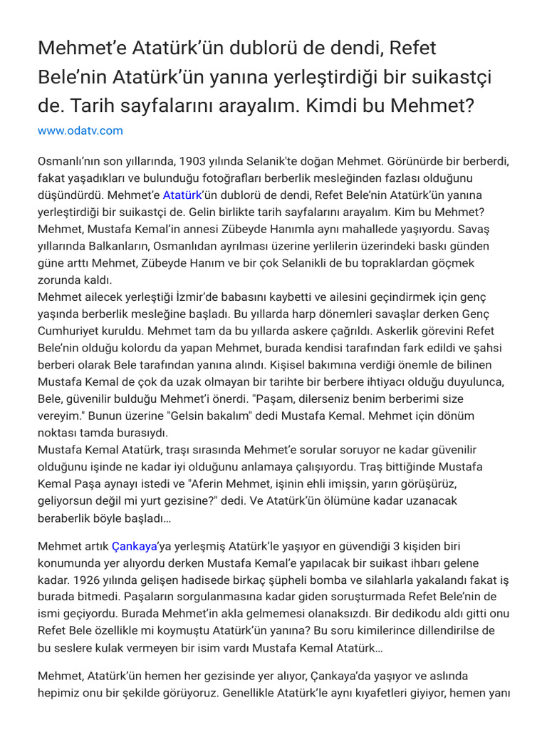 Mehmet'e Atatürk'ün Dublorü de Dendi, Refet Bele'nin Atatürk'ün Yanına ...