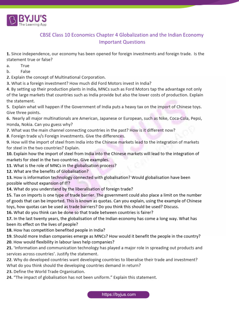 Important Questions on Globalization Class 10 | PDF | Globalization ...
