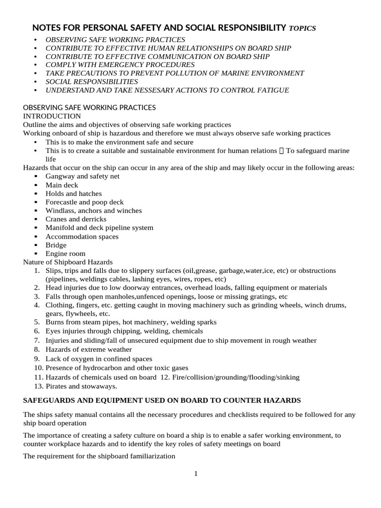 NOTES FOR PERSONAL SAFETY AND SOCIAL RESPONSIBILITY | PDF ...