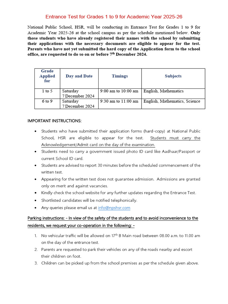 NPSHSR Entrance 2025 | PDF