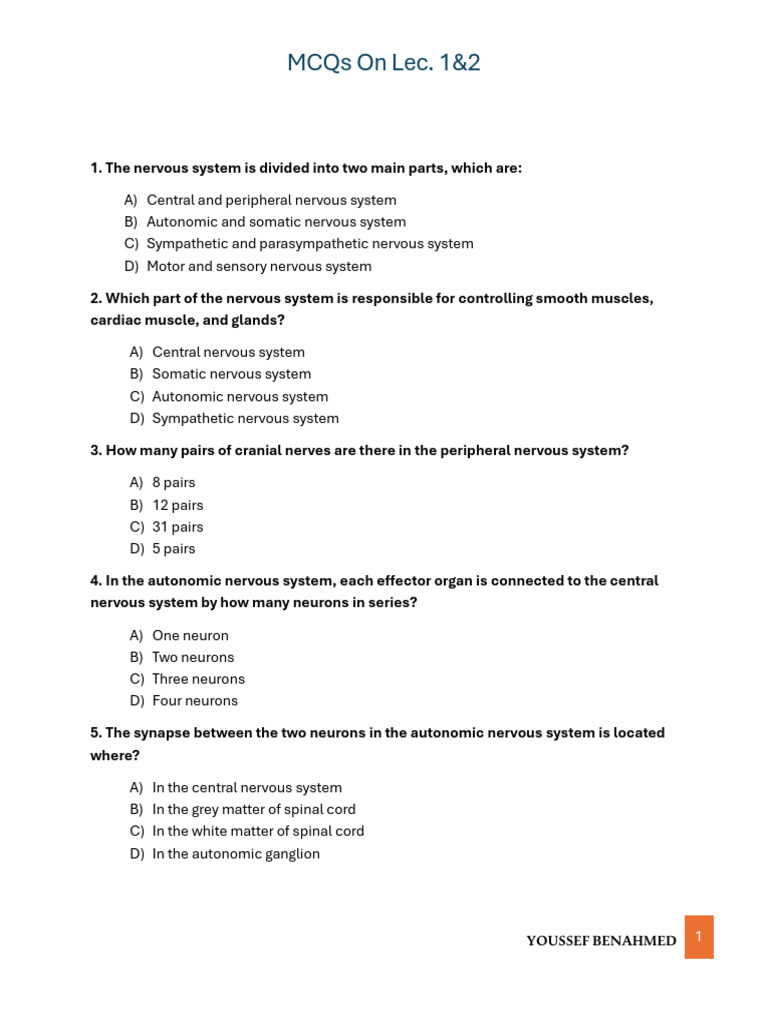 Mcqs On Lec. 1&2 MSK - Physio | PDF | Autonomic Nervous System | Nervous System