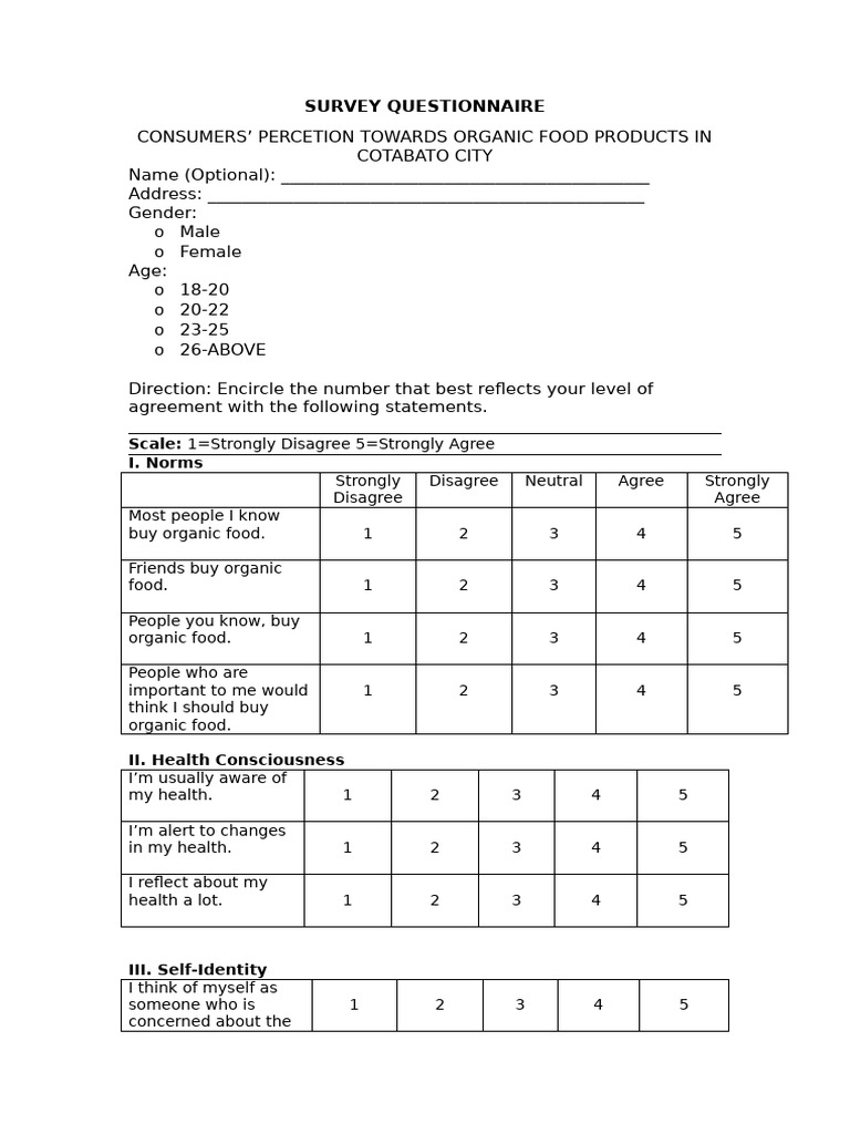 SURVEY QUESTIONNAIRE | PDF | Organic Foods | Psychology