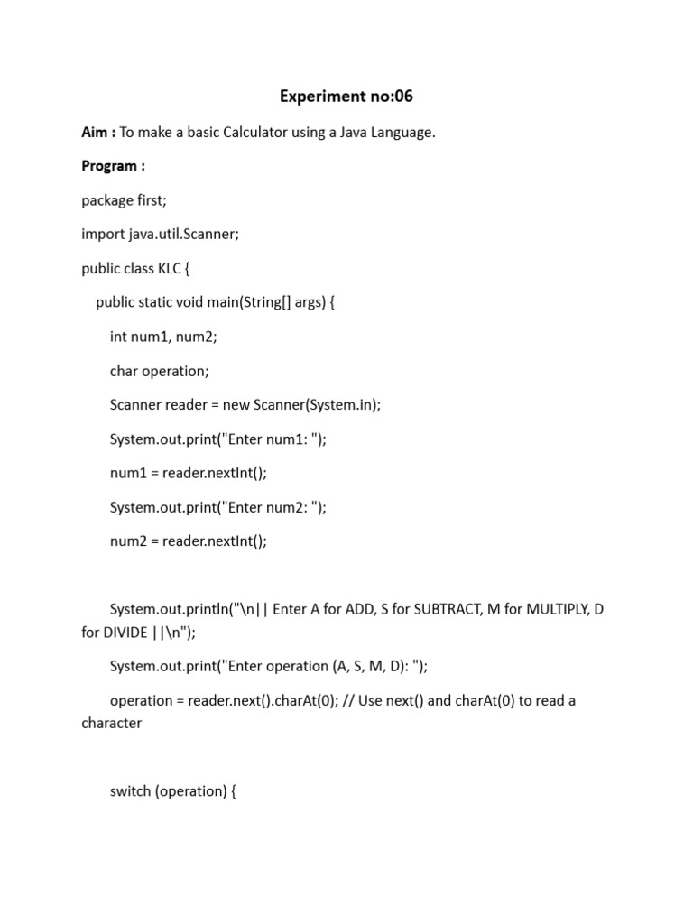 Java Basic Calculator Program | PDF
