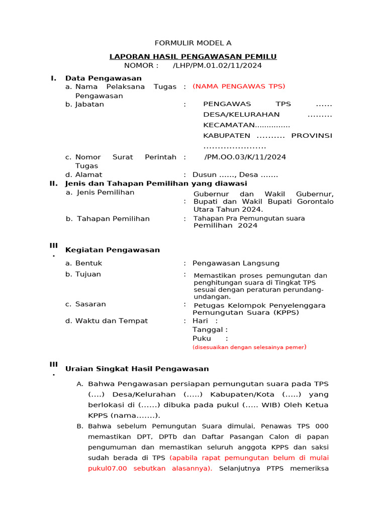 Form A Persiapan Pemungutan Suara PTPS (Pra Pemungutan Pada Pagi Hari ...