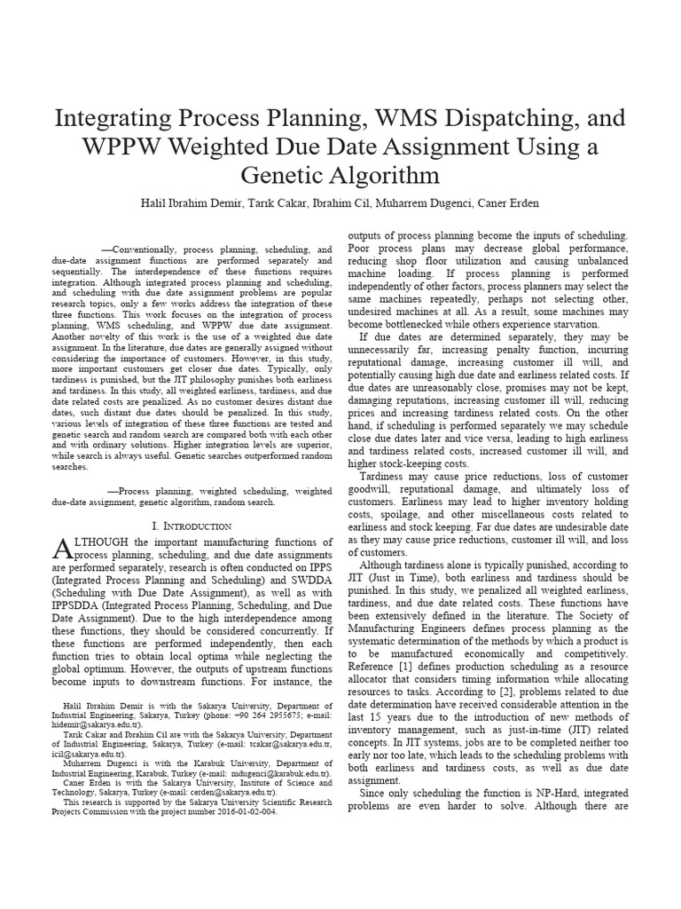 Integrating Process Planning WMS Dispatching and WPPW Weighted Due Date Assignment Using A ...