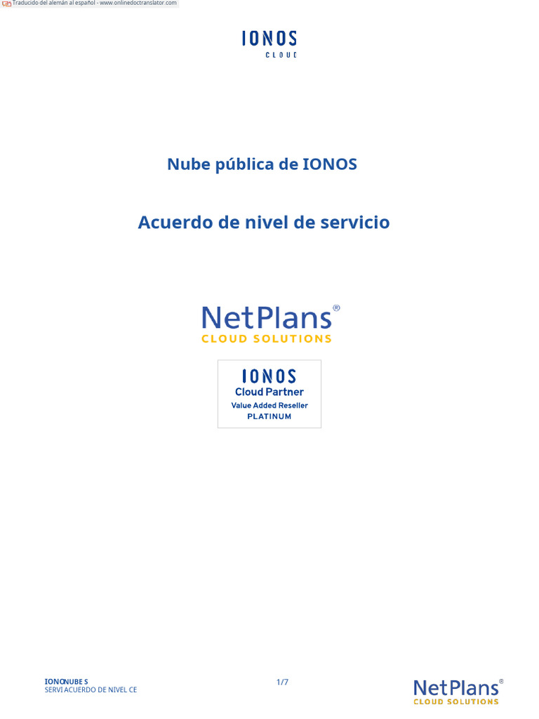 NetPlans Service Level Agreement IONOS Public Cloud Stand Maerz22.de - Es | PDF | Computación en ...