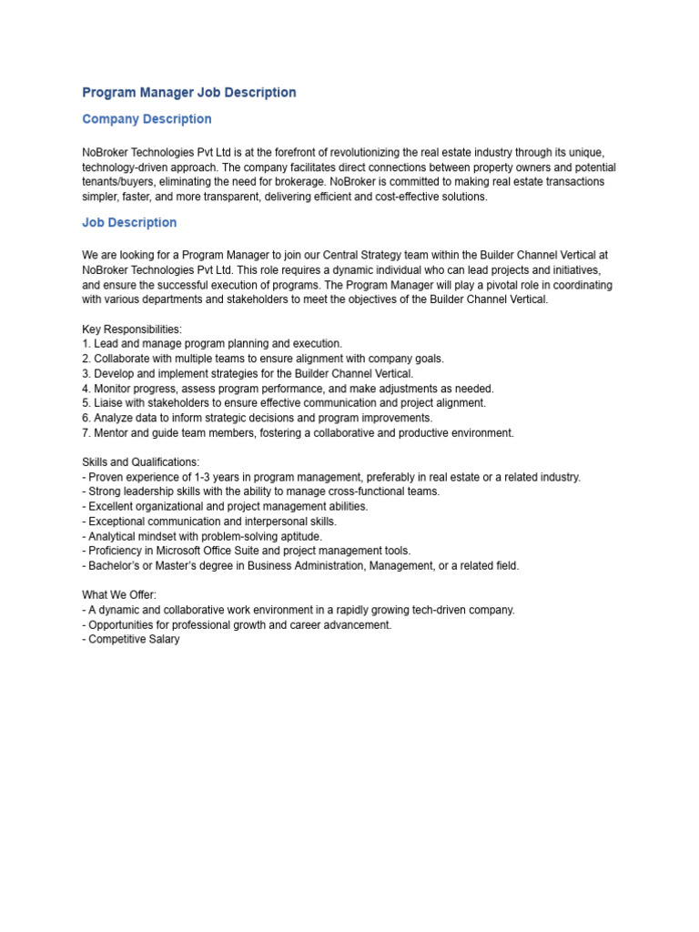 Program Manager Role at NoBroker | PDF