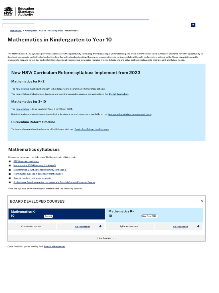 Mathematics in Kindergarten To Year 10 NSW Education Standards | PDF ...