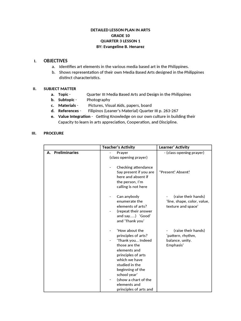 Detailed Lesson Plan in Arts Grade 10 Week 1 q3 | PDF | Lesson Plan | Learning