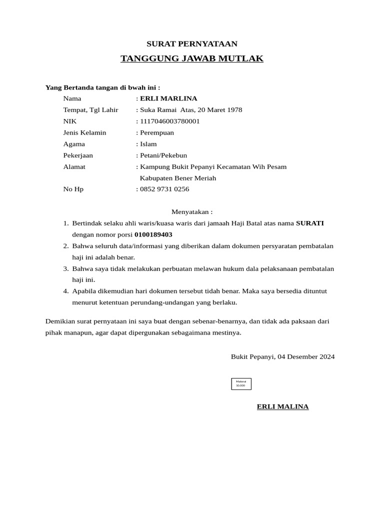 Surat Pernyataan Tanggung Jawab Mutlak | PDF