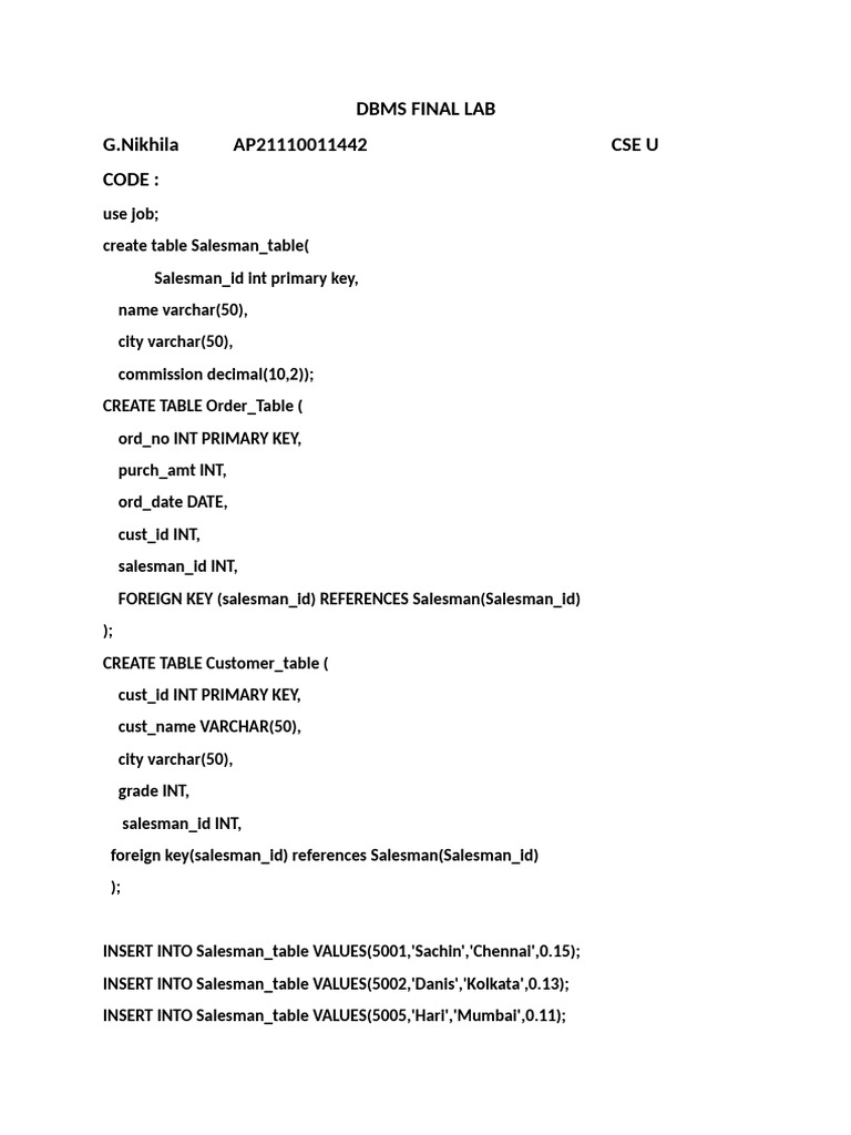 DBMS AP21110011442 Final lab | PDF | Sales | Sql